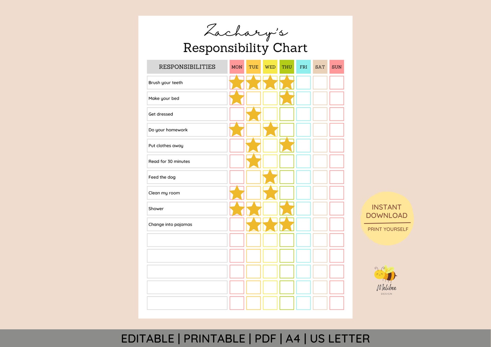 EDITABLE Responsibility Chart • Printable Kid's Chore Chart • Sticker ...