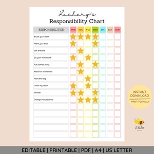 EDITABLE Responsibility Chart • Printable Kid's Chore Chart • Sticker ...