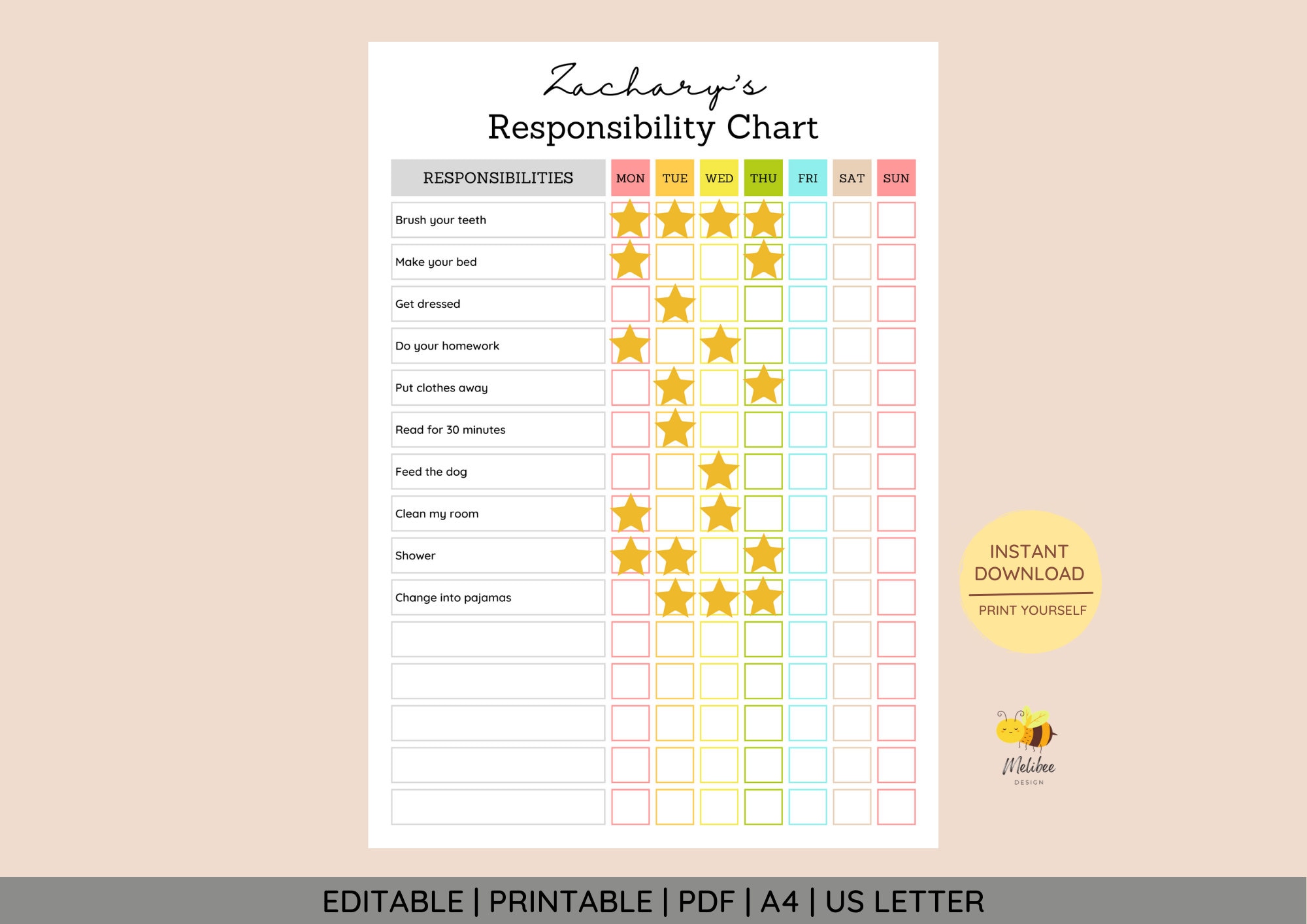 EDITABLE Responsibility Chart • Printable Kid's Chore Chart • Sticker ...