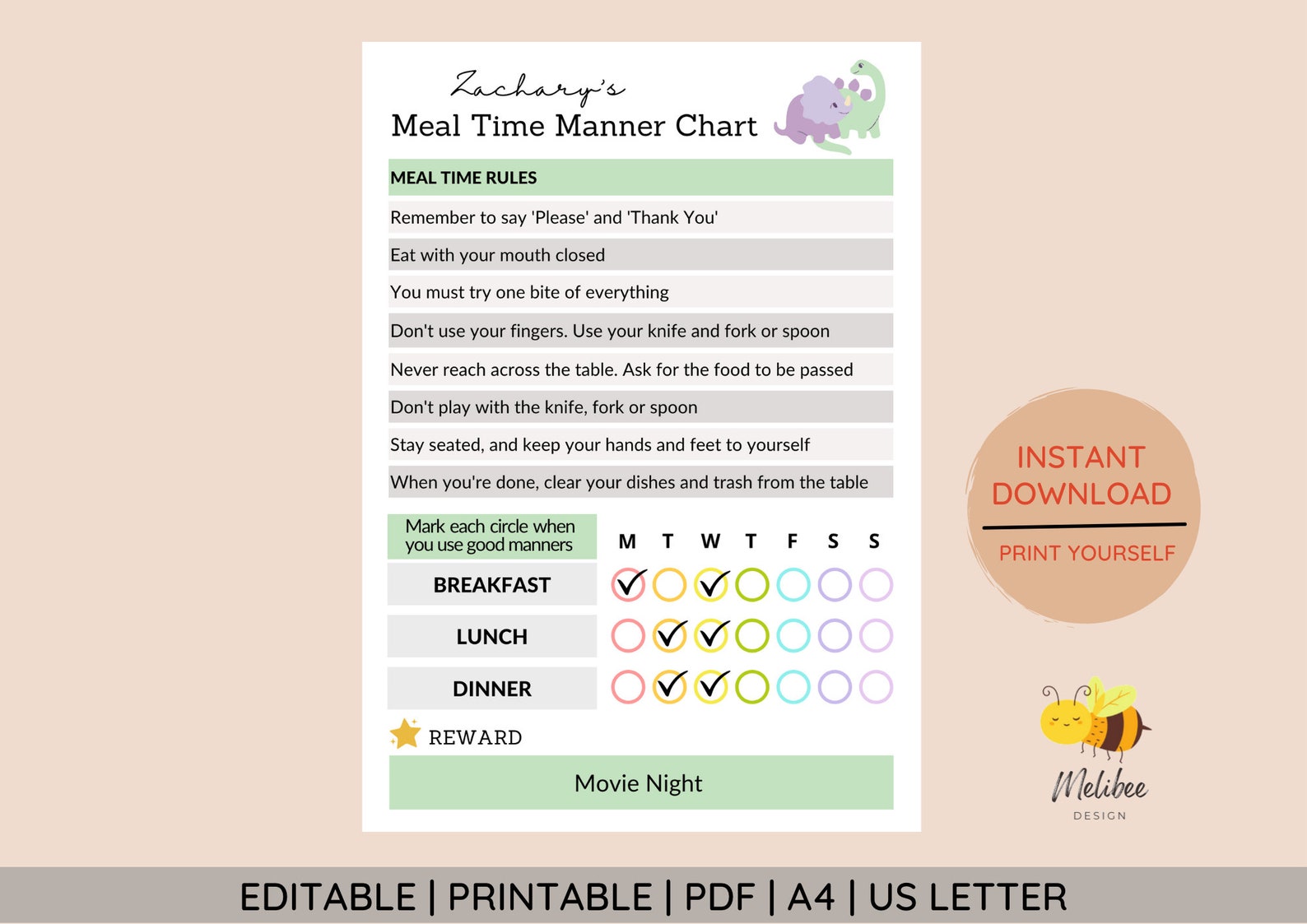 EDITABLE Meal Time Manner Chart Meal Time Reward Chart - Etsy