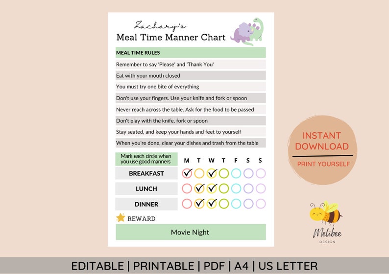 EDITABLE Meal Time Manner Chart Meal Time Reward Chart - Etsy