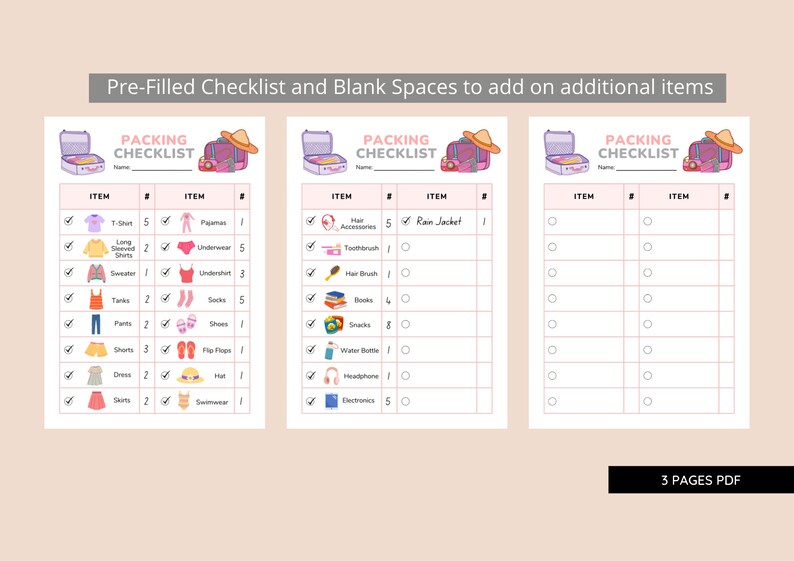Printable Packing Checklist for Girls • Kids Packing List • Vacation ...