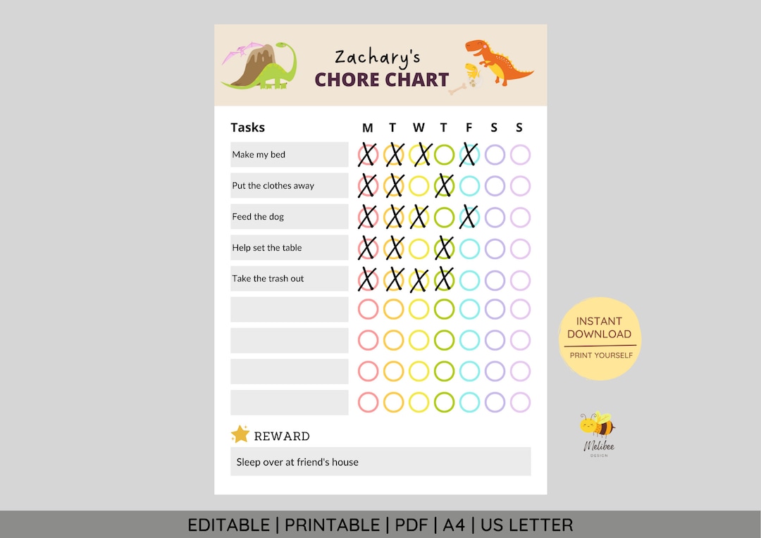 EDITABLE Dinosaurs Chore Chart • Printable Kids Reward Chart ...