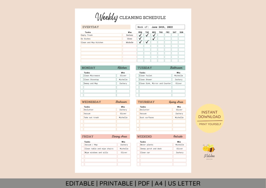 EDITABLE Weekly Cleaning Schedule • Printable Weekly Cleaning Chart ...