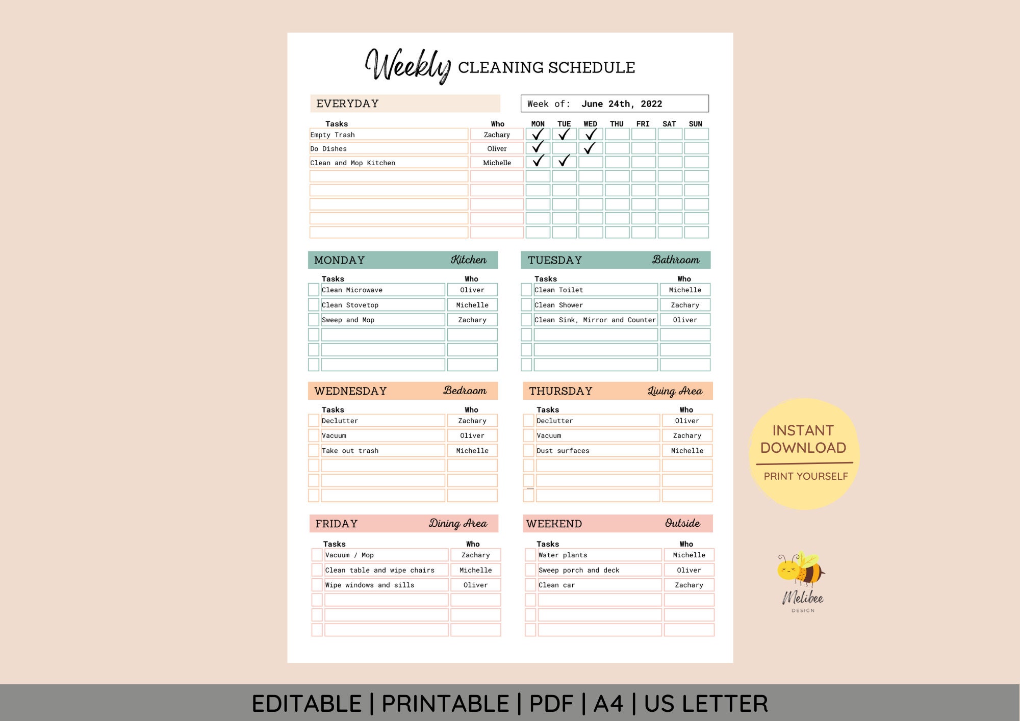 EDITABLE Weekly Cleaning Schedule • Printable Weekly Cleaning Chart ...