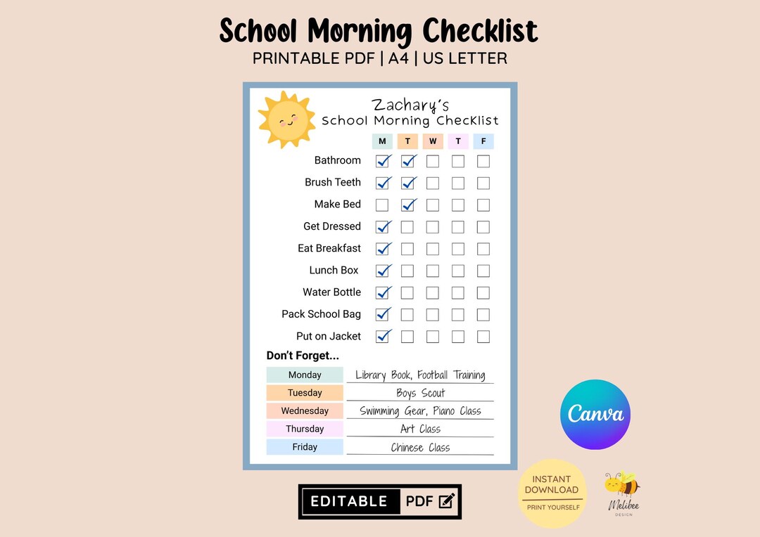 School Morning Routine Checklist • Kids Routine Checklist • Morning to ...