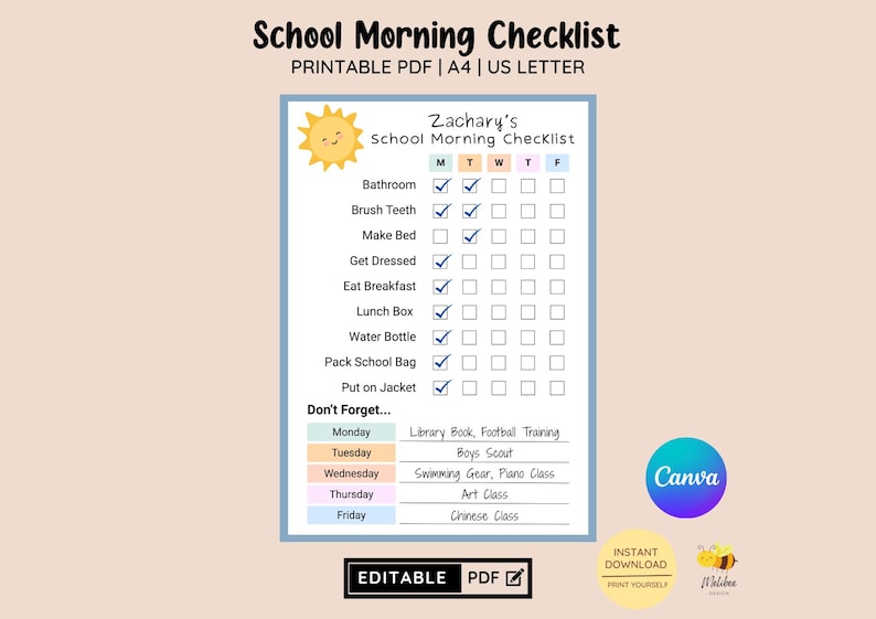 School Morning Routine Checklist • Kids Routine Checklist • Morning to ...
