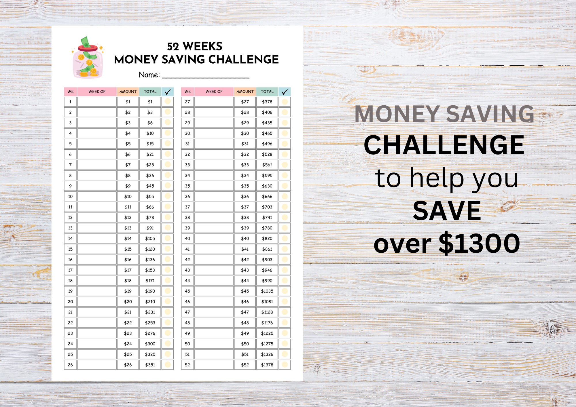 Printable Savings Challenge • 52 Weeks Money Saving Challenge • Money ...