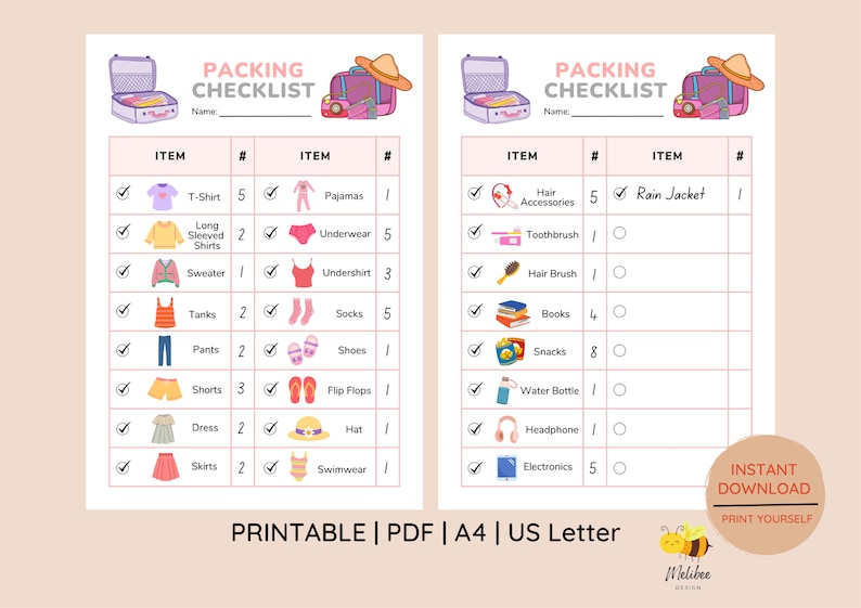 Printable Packing Checklist for Girls Kids Packing List - Etsy