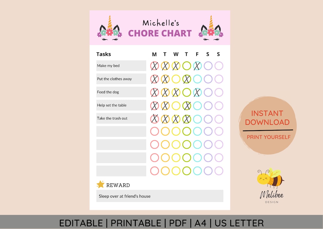 EDITABLE Unicorn Chore Chart Printable Kids Reward Chart - Etsy