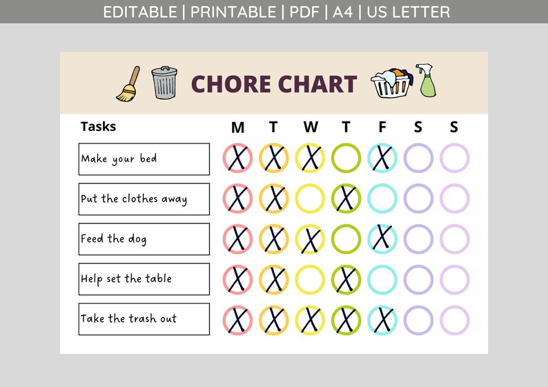 EDITABLE Kid's Colourful Chore Chart Printable Weekly Chores Weekly ...