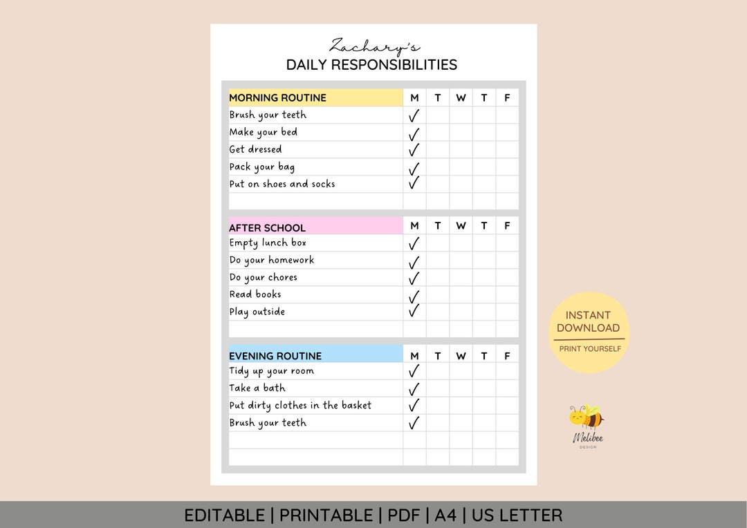 EDITABLE Daily Responsibilities Chart • Daily Checklist • Printable ...