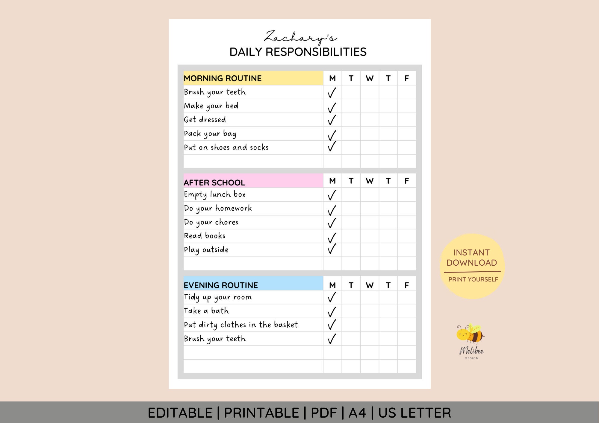 EDITABLE Daily Responsibilities Chart • Daily Checklist • Printable ...
