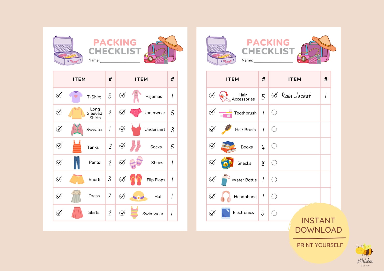Printable Packing Checklist for Girls • Kids Packing List • Vacation ...
