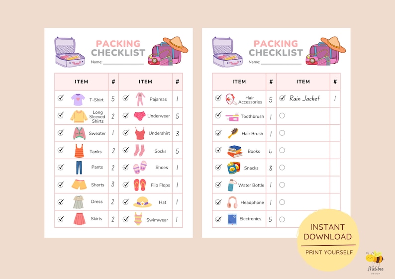 Printable Packing Checklist for Girls • Kids Packing List • Vacation ...