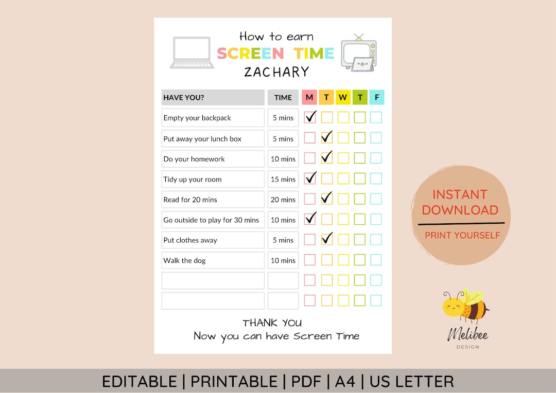 EDITABLE Screen Time Tracker Chart • Screen Time Rules • Screen Time ...