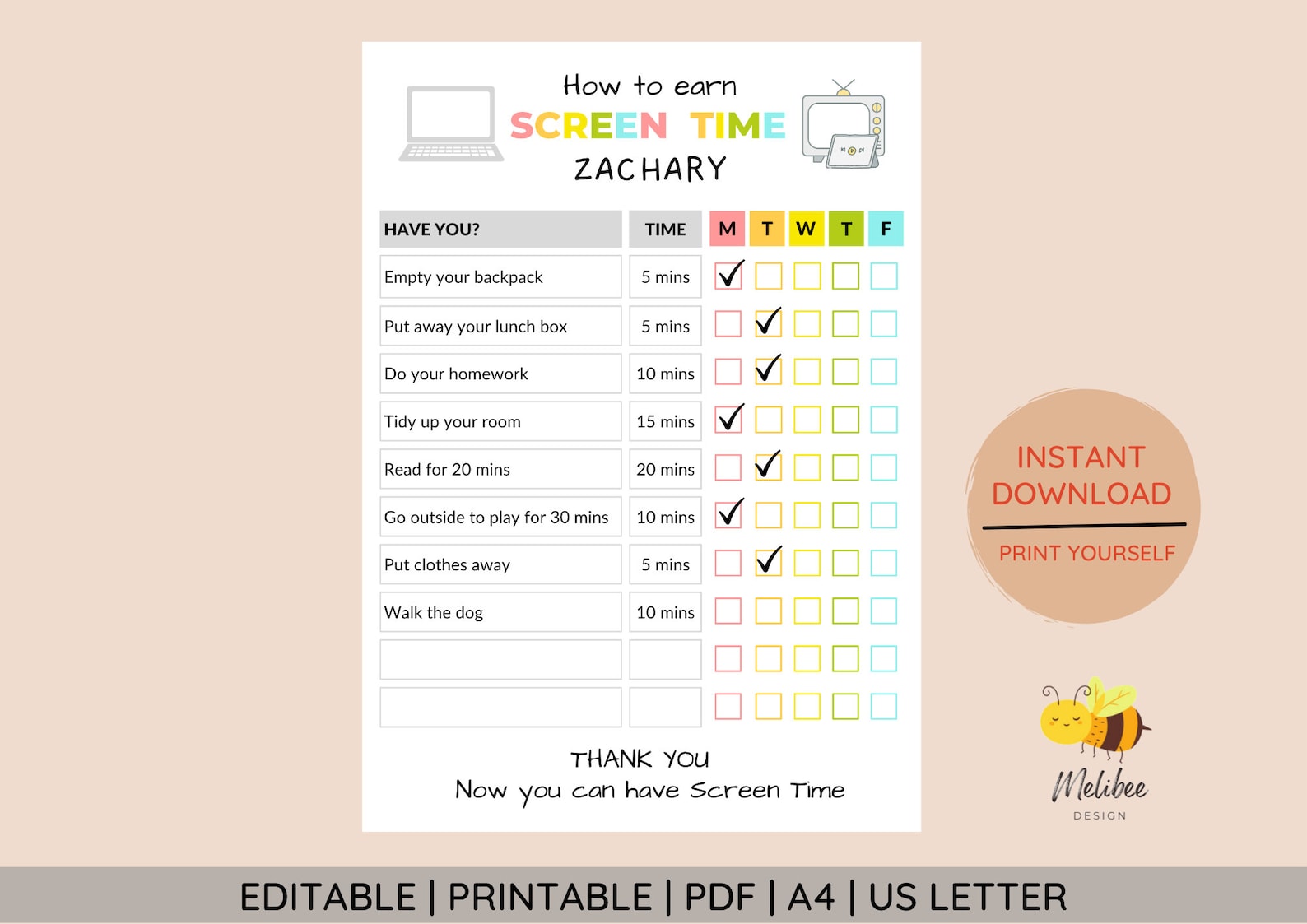 EDITABLE Screen Time Tracker Chart • Screen Time Rules • Screen Time ...