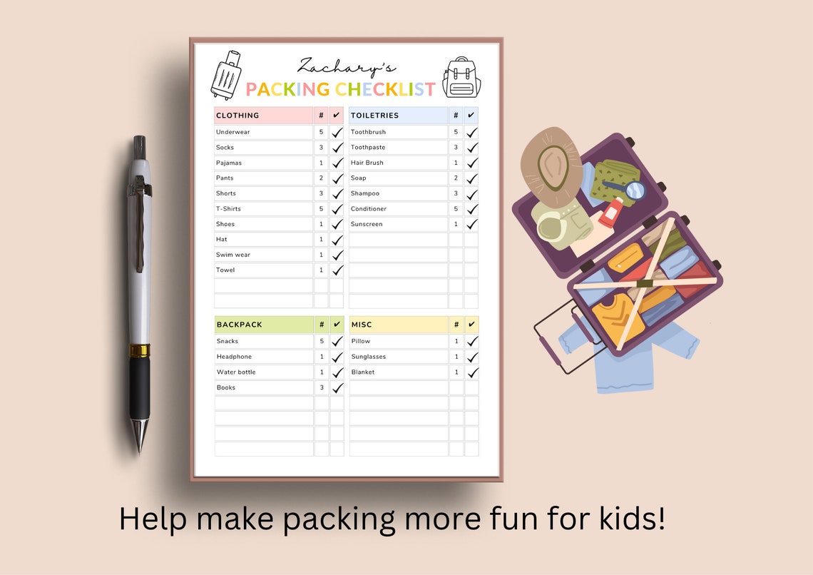 Editable Packing Checklist for Kids • Kids Packing List • Vacation ...