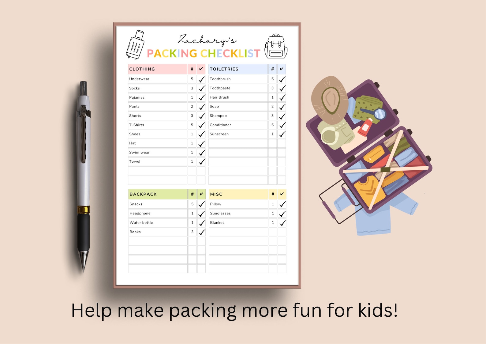 Editable Packing Checklist for Kids • Kids Packing List • Vacation ...