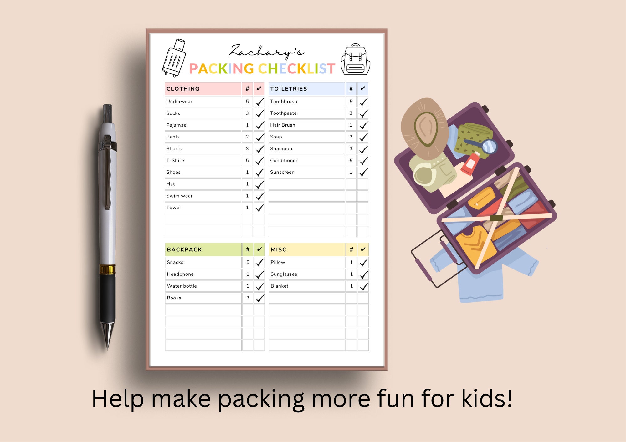 Editable Packing Checklist for Kids • Kids Packing List • Vacation ...
