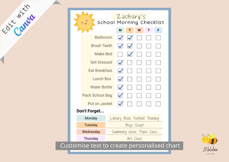 School Morning Routine Checklist • Kids Routine Checklist • Morning to ...