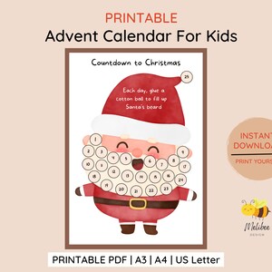 Printable Advent Calendar for Kids • Santa Cotton Ball Beard • Santa ...