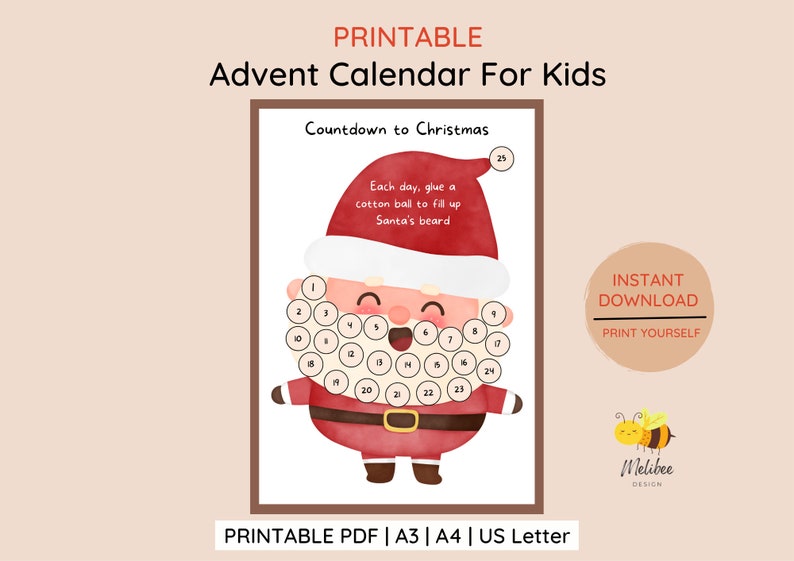 Printable Advent Calendar for Kids • Santa Cotton Ball Beard • Santa ...