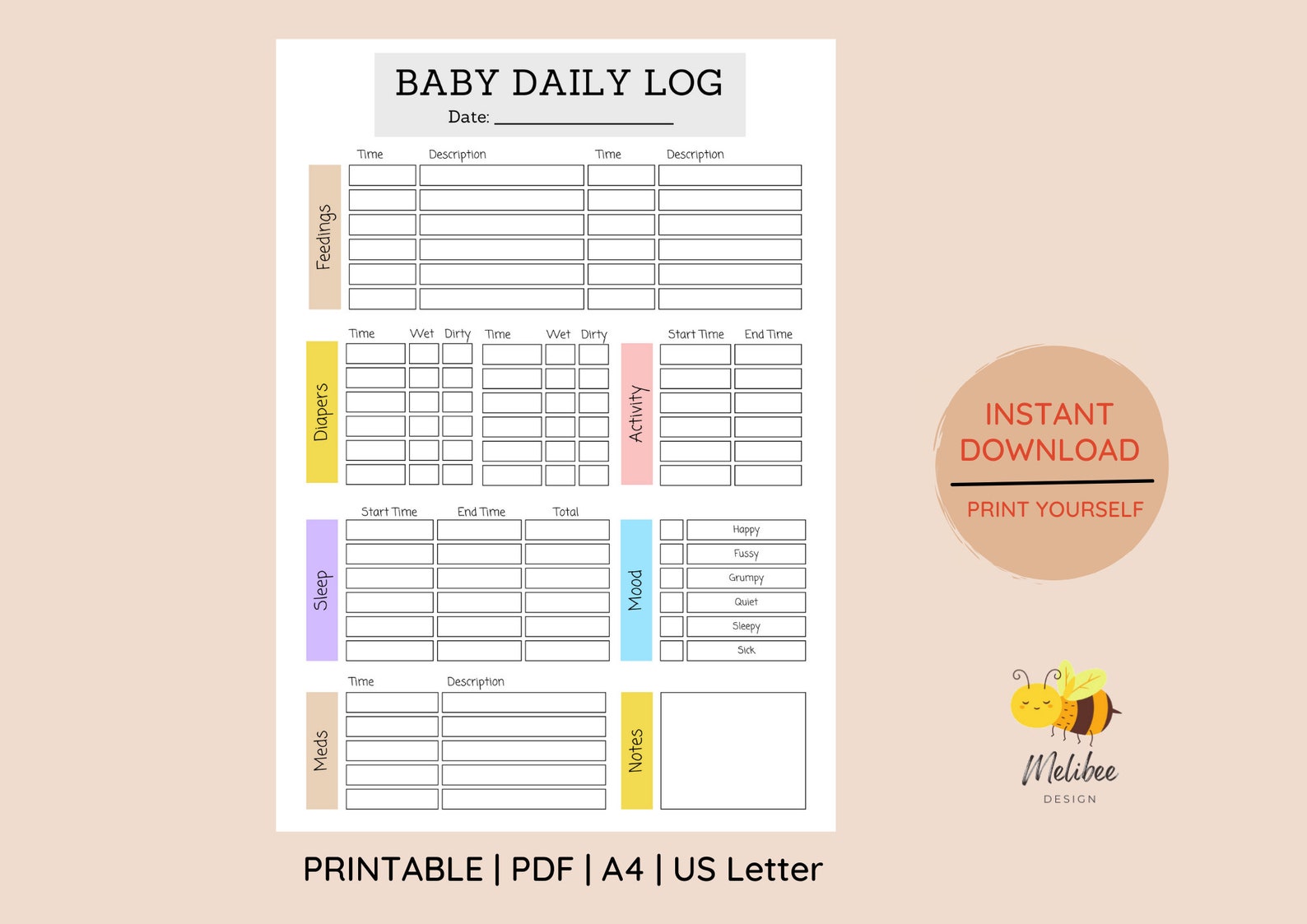 Printable Baby's Daily Log • Infant Daily Log • Newborn Tracker • Baby ...