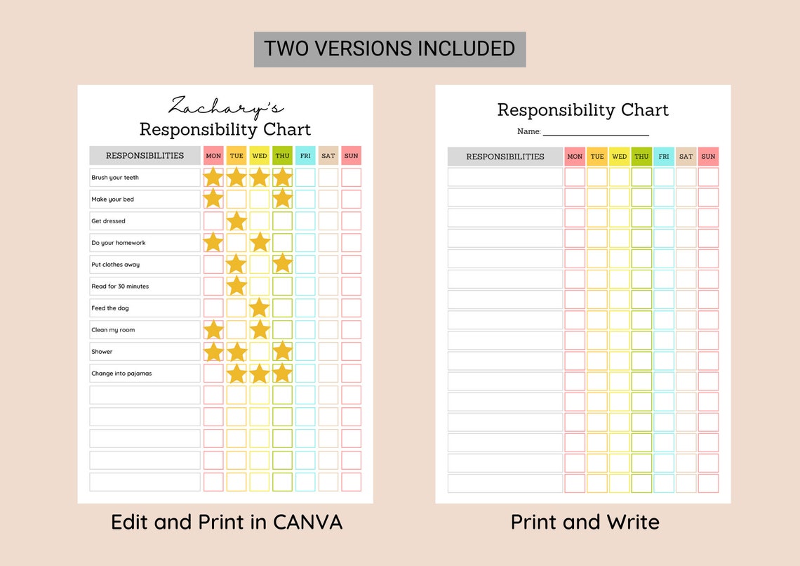 EDITABLE Responsibility Chart Printable Kid's Chore Chart Sticker Chart ...