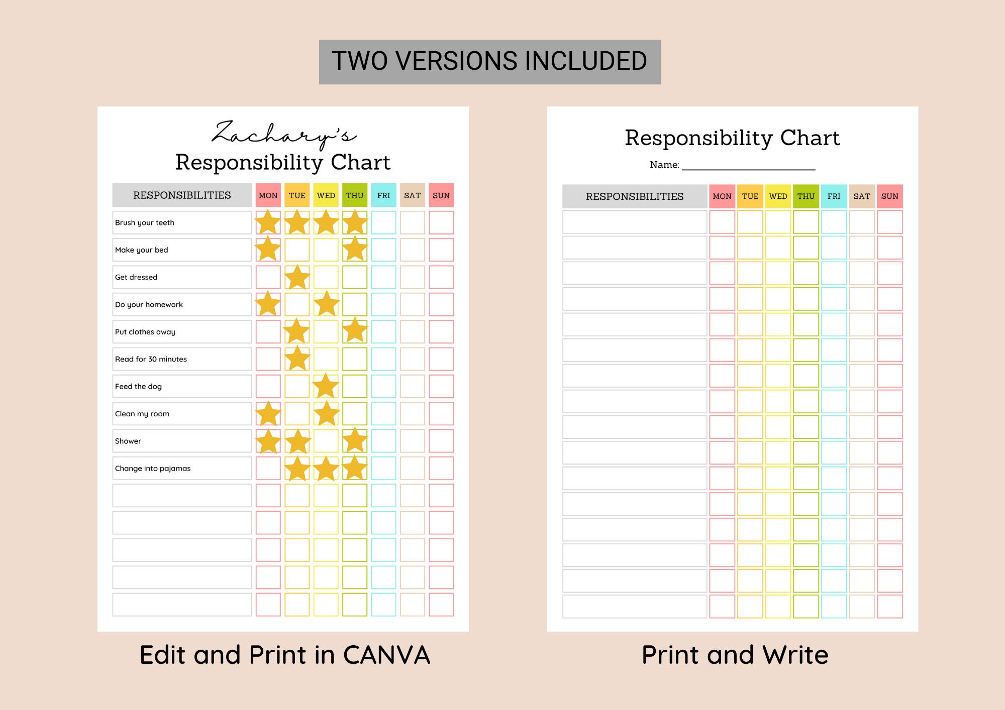 EDITABLE Responsibility Chart • Printable Kid's Chore Chart • Sticker ...