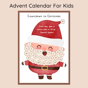 Printable Advent Calendar for Kids • Santa Cotton Ball Beard • Santa ...