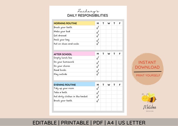 EDITABLE Daily Responsibilities Chart Daily Checklist - Etsy