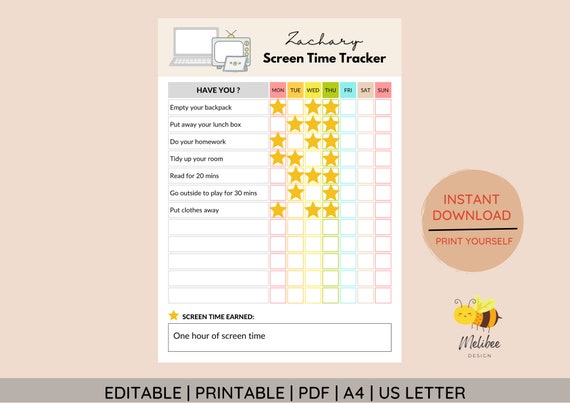 EDITABLE Screen Time Tracker Chart Screen Time Rules - Etsy