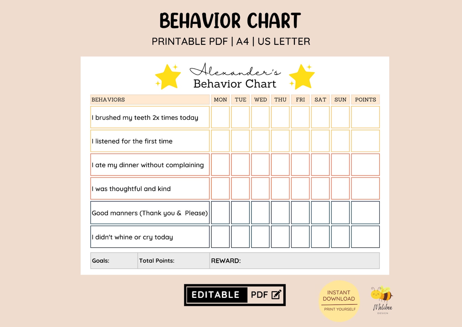 EDITABLE Kid's Behavior Chart • Printable Points Reward Chart • Sticker ...