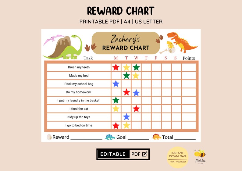 Editable Dinosaurs Chore Chart • Printable Kids Reward Chart ...