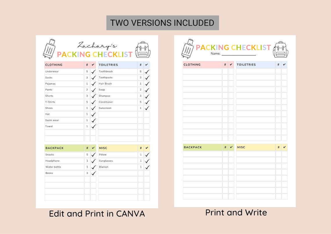 Editable Packing Checklist for Kids • Kids Packing List • Vacation ...