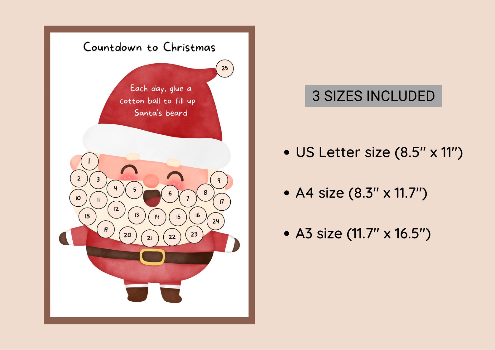 Printable Advent Calendar for Kids Santa Cotton Ball Beard Santa ...