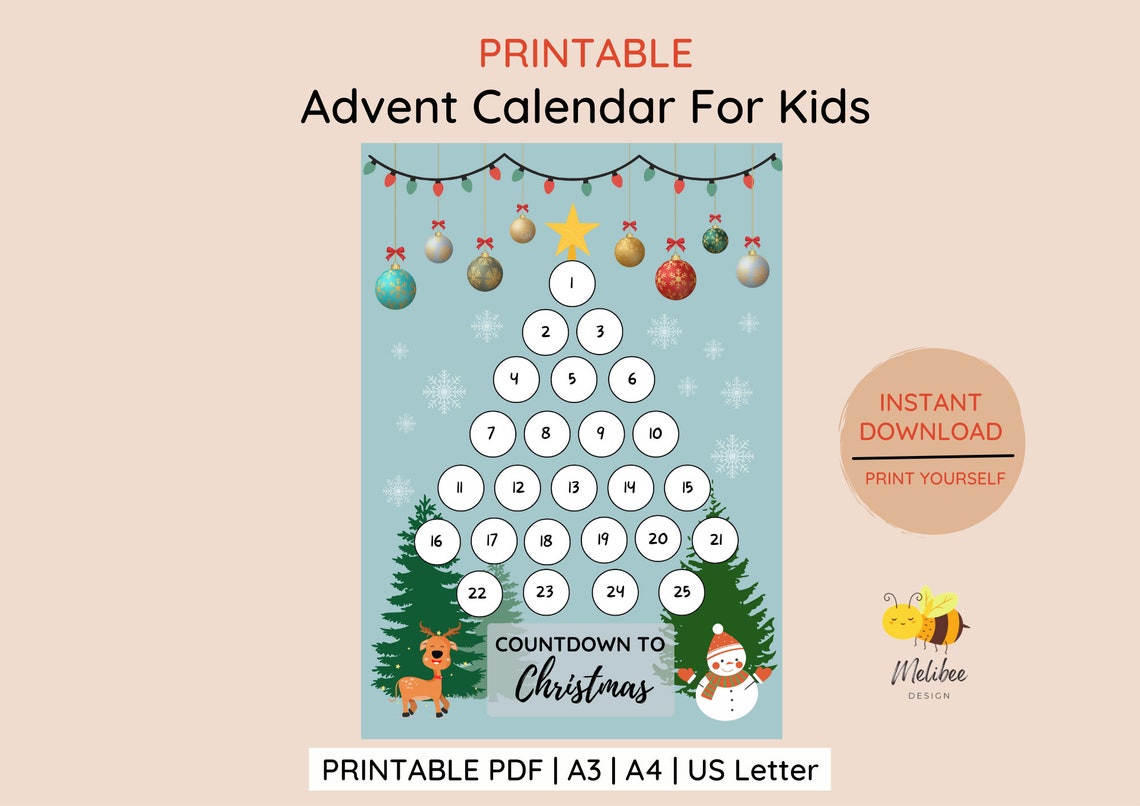 Printable Advent Calendar for Kids • Countdown to Christmas • Christmas ...