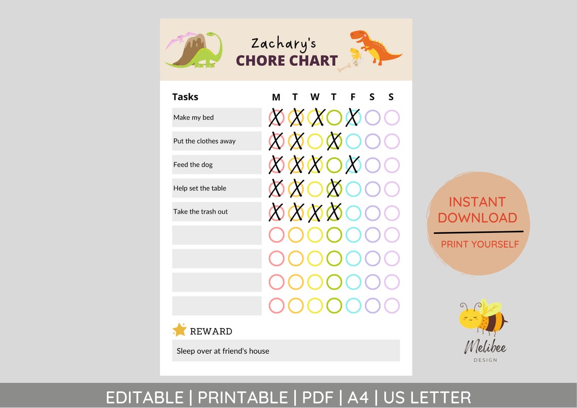 EDITABLE Dinosaurs Chore Chart Printable Kids Reward Chart | Etsy