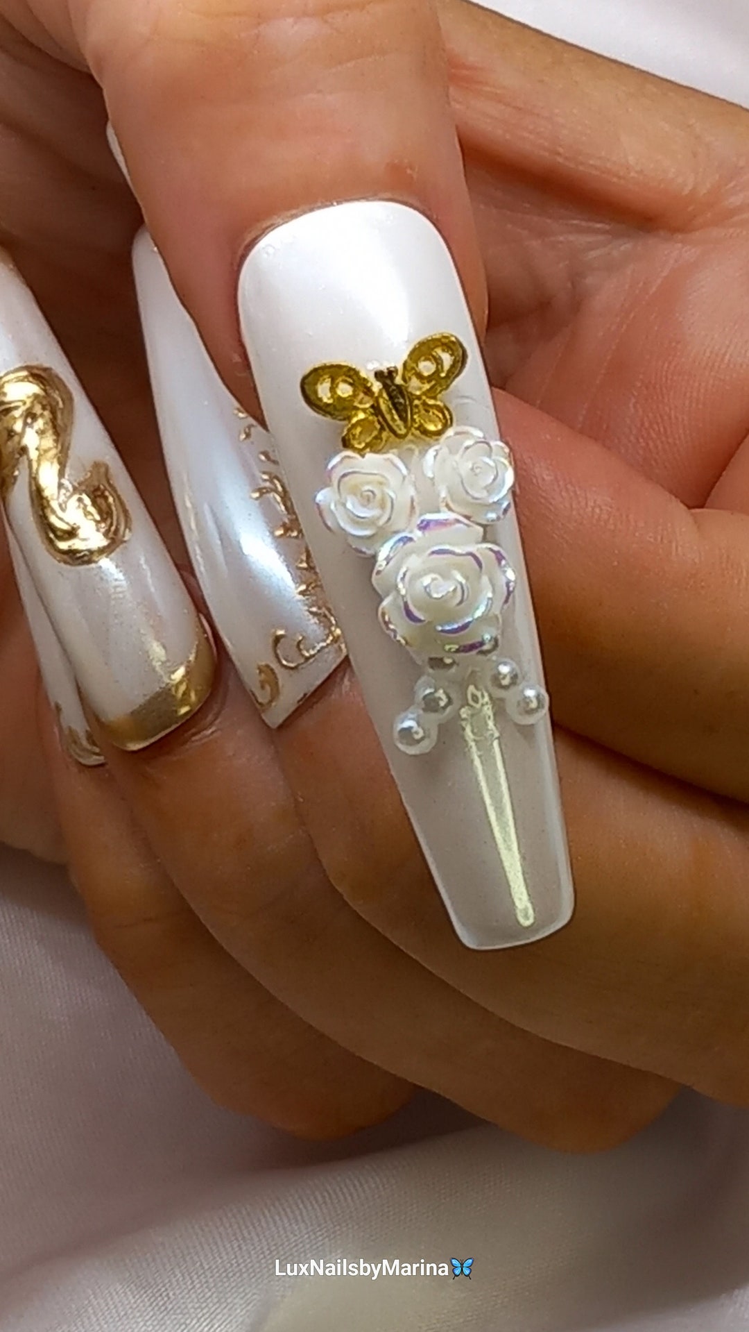 Bridgerton "debut" Made to Order Ivory Nails With Gold Filigree and 3D ...