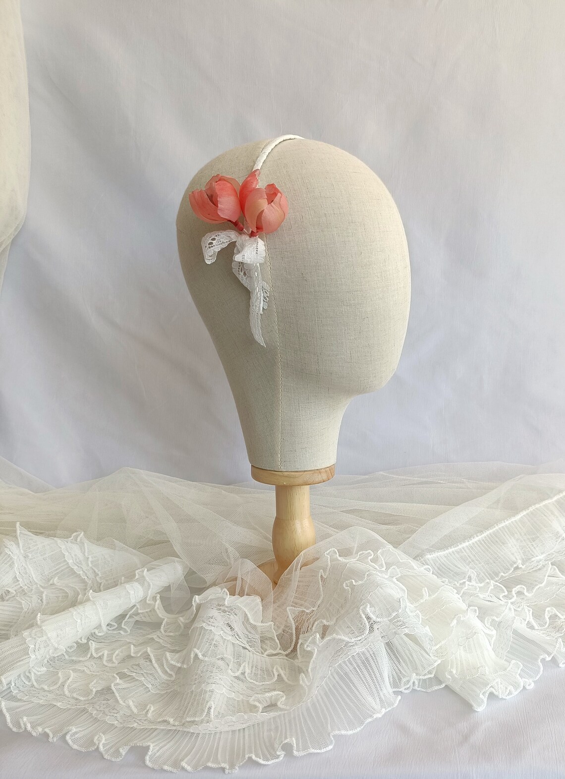 Coral Silk Flower Headpiece – Bridal Fascinator With Lace – Wedding ...