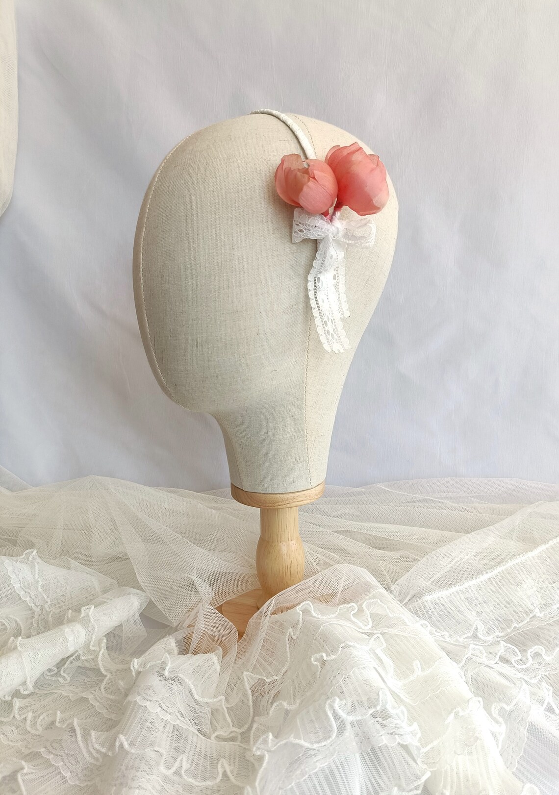 Coral Silk Flower Headpiece – Bridal Fascinator With Lace – Wedding ...