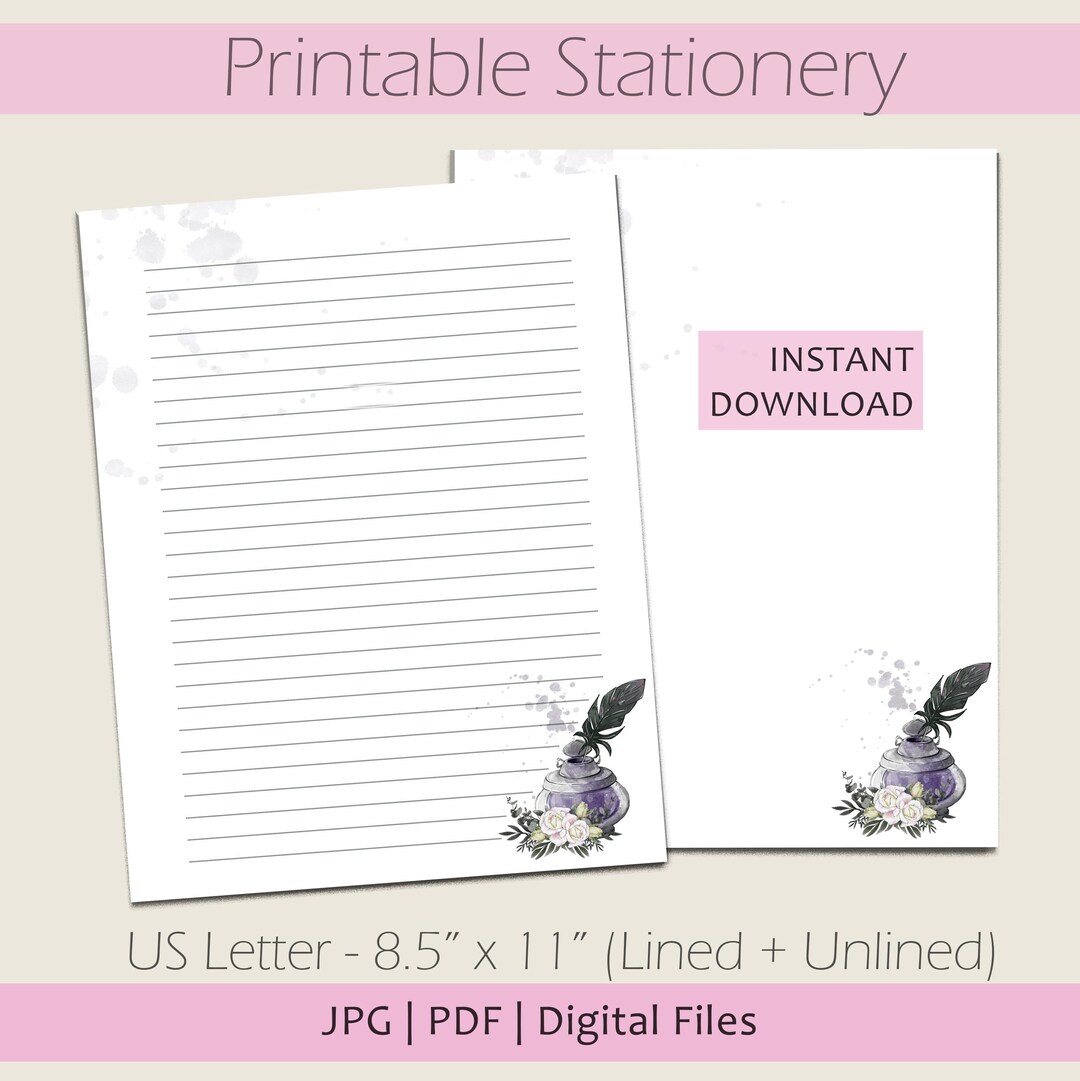 Printable Stationery: Lined Letter Paper With Inkwell and Feather ...
