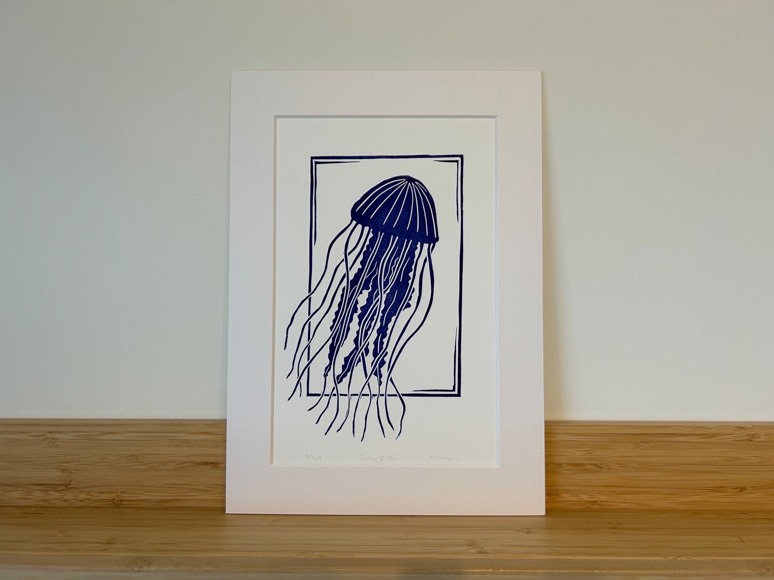 Original Linocut Print 'jellyfish', Blue Ink on White Paper, Ocean ...