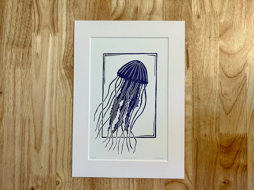 Original Linocut Print 'jellyfish' Blue Ink on White - Etsy
