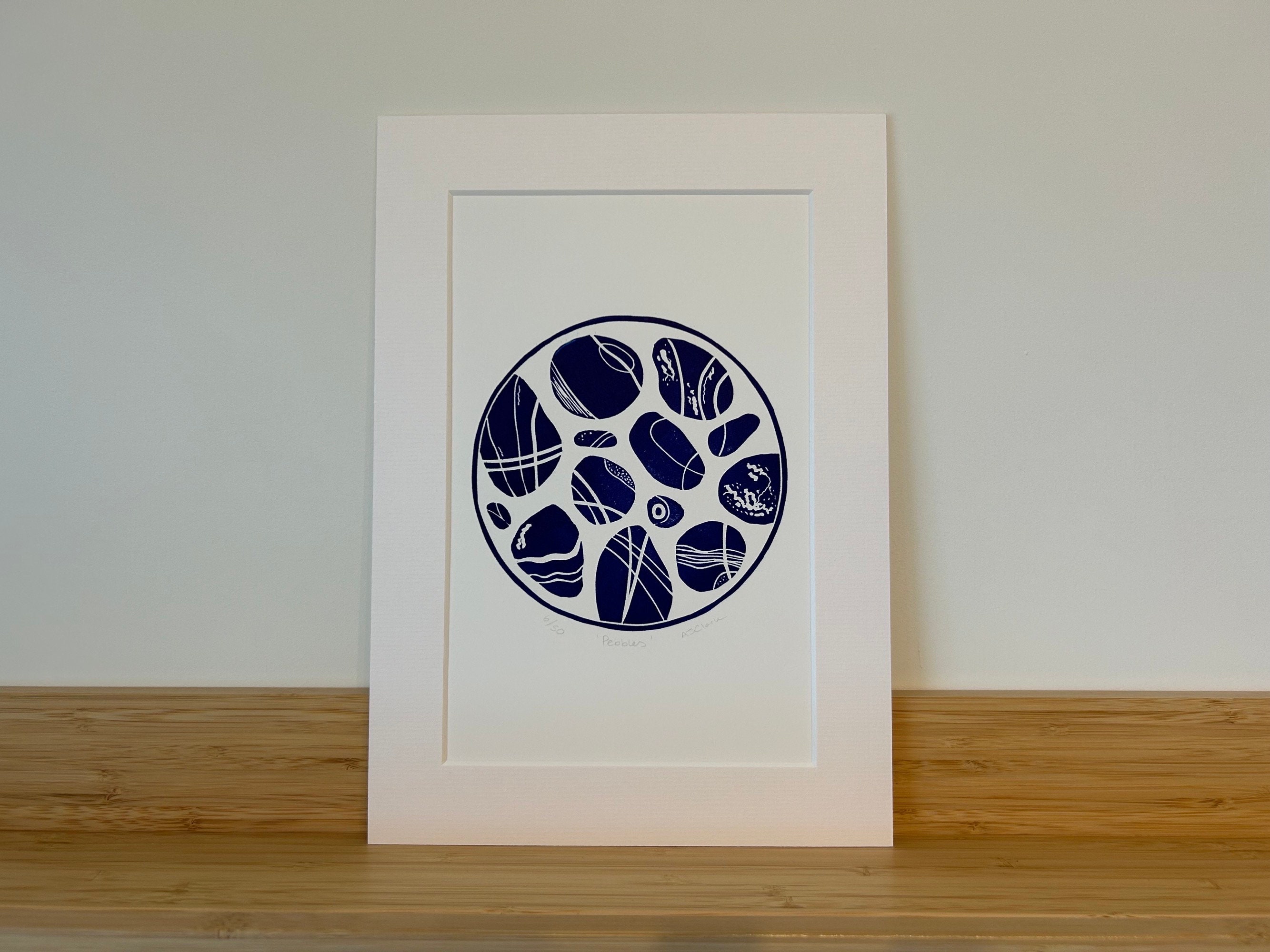 Original Linocut Print 'pebbles', Blue or Green Ink on White Paper ...