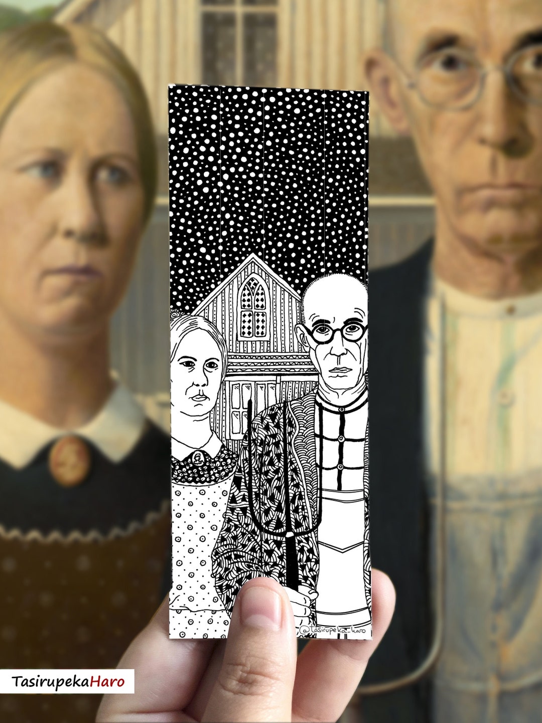 American Gothic Bookmark, Grandparents Couple Art, Farmer and Wife ...