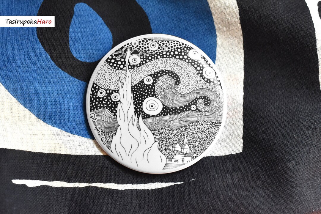 The Starry Night Pin, Van Gogh Button Badge, Black and White Pin, Mini ...