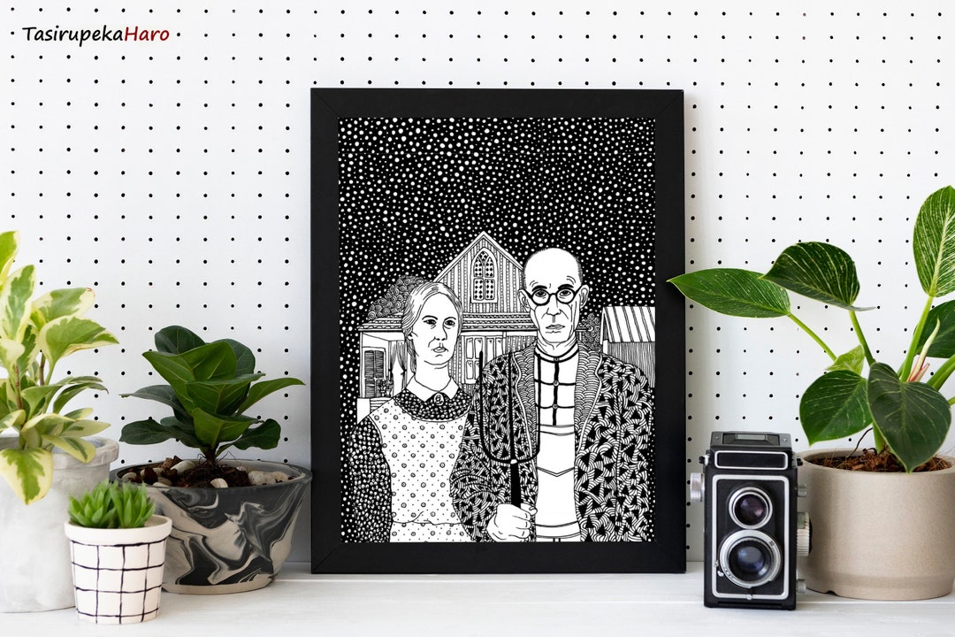 American Gothic, Grant Wood, Farmer and Wife Modernist Drawing, Famous ...