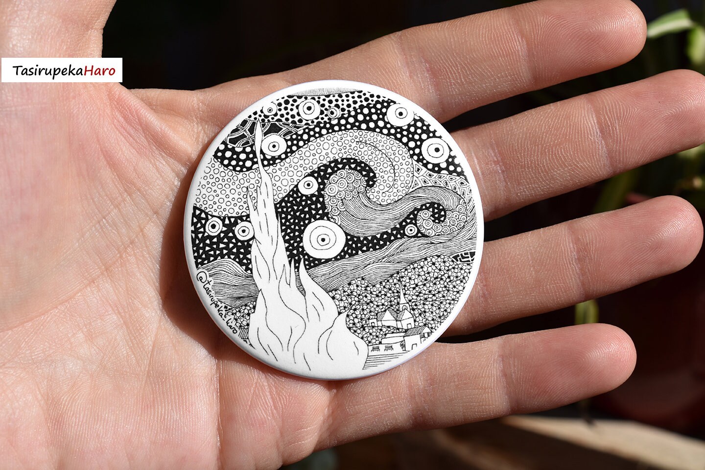 The Starry Night Pin, Van Gogh Button Badge, Black and White Pin, Mini ...